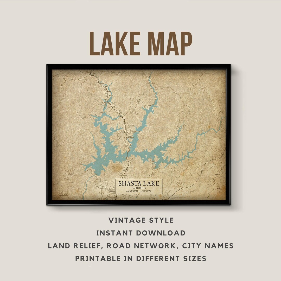 Vintage Style Map of Shasta Lake, California, USA With City Names ...