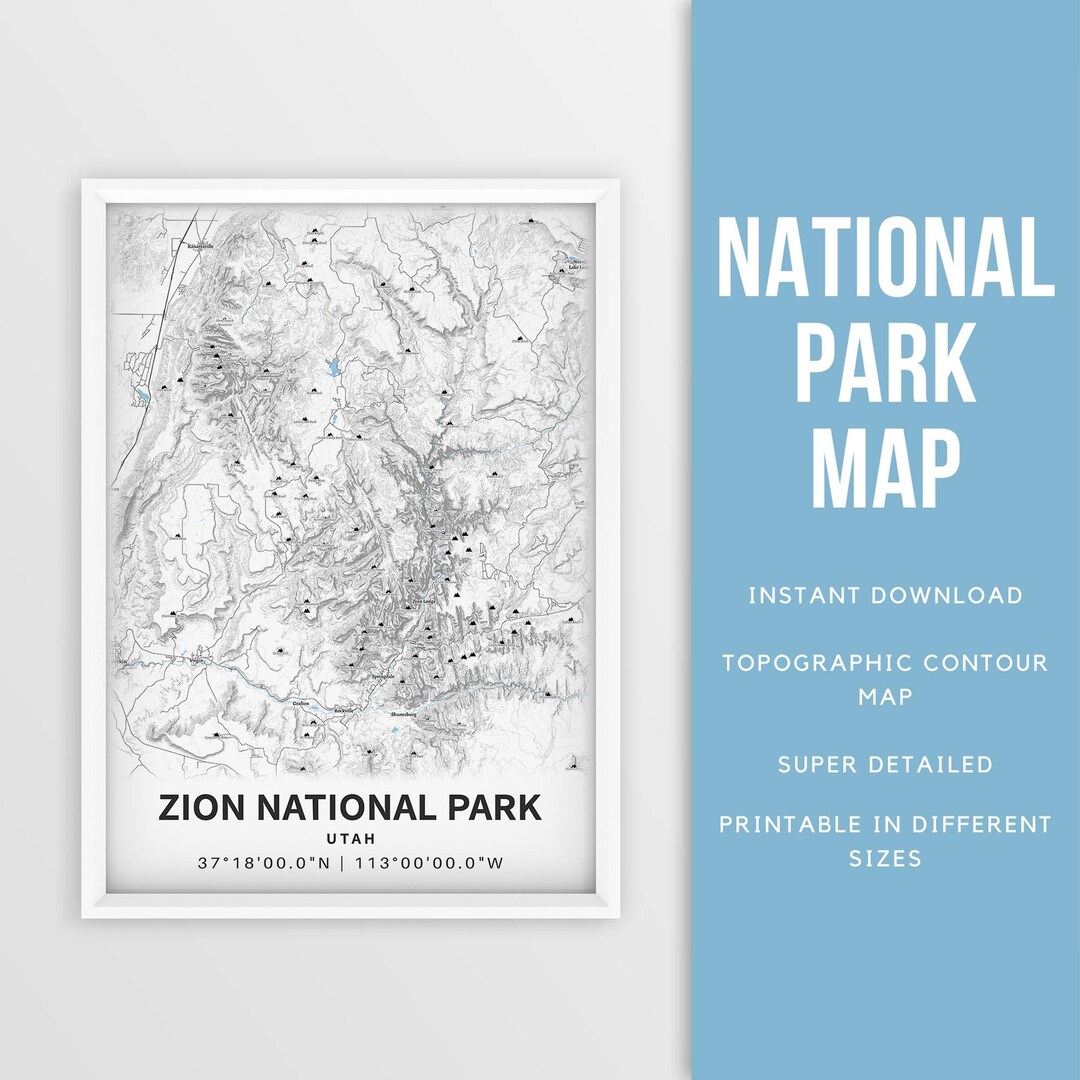 Zion National Park Printable Map, Zion Topography Poster - Instant ...
