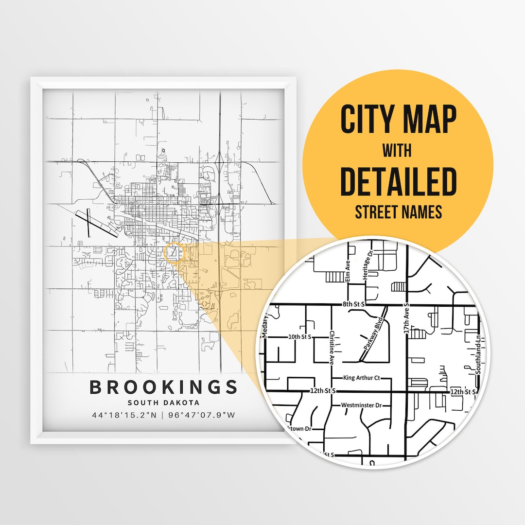 Printable Map of Brookings, South Dakota, USA With Street Names - Instant Download \ City Map ...