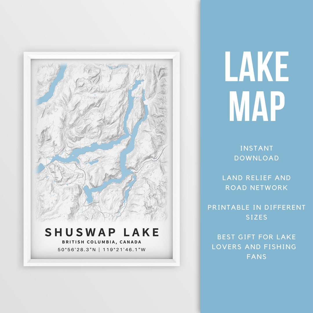 Printable Map of Shuswap Lake, British Columbia, Canada - Instant ...