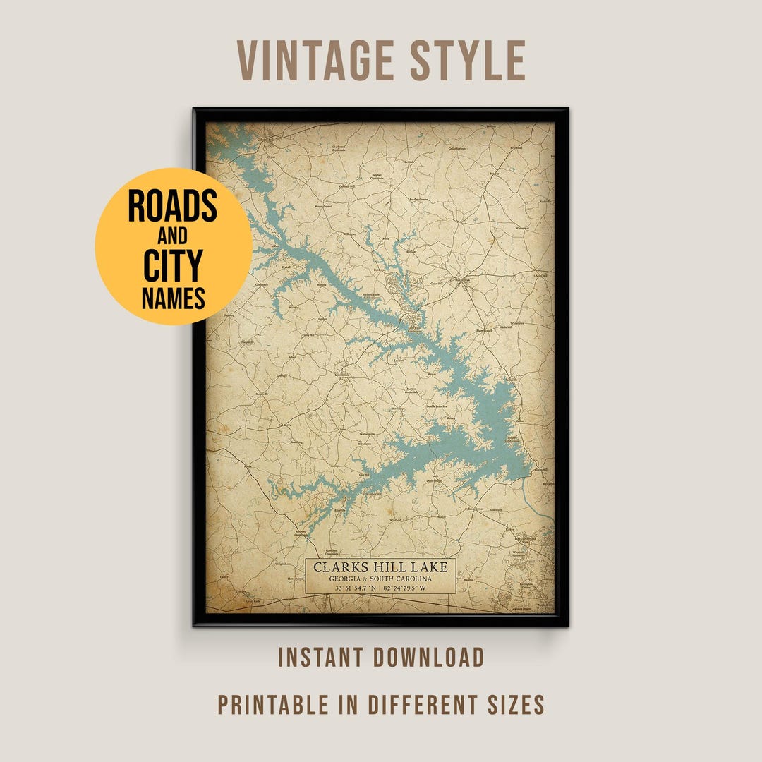 Clarks Hill Lake Vintage Map, Printable Georgia and South Carolina Lake ...