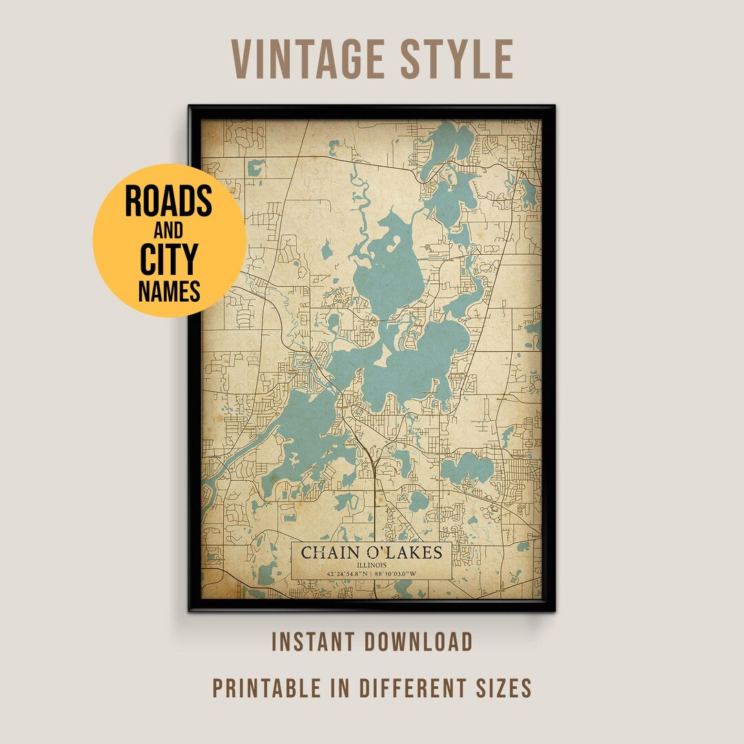 Chain O'lakes Vintage Style Map, Printable Illinois Lake House Poster ...