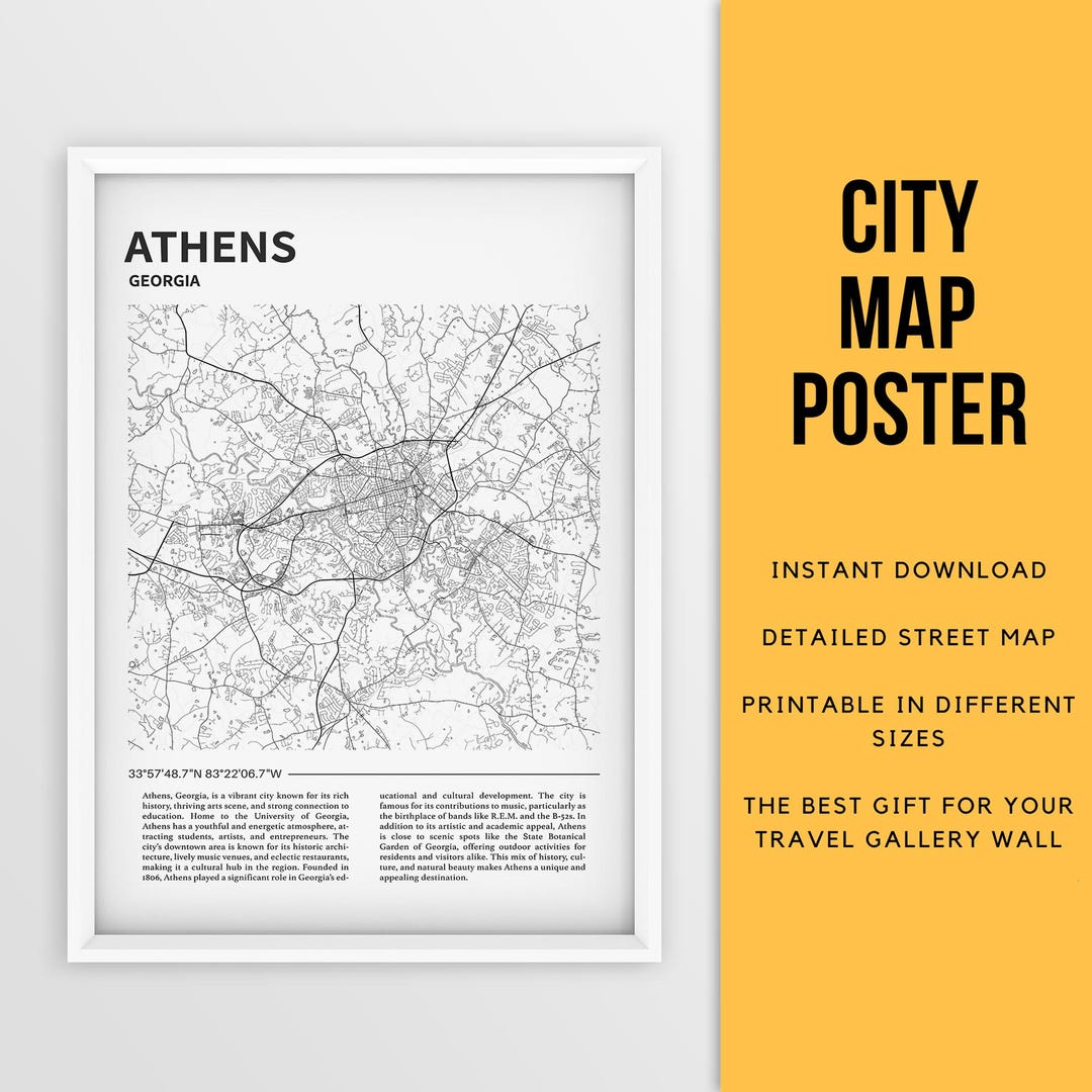 Athens, Georgia, USA Printable Map Poster Instant Download Street Map ...
