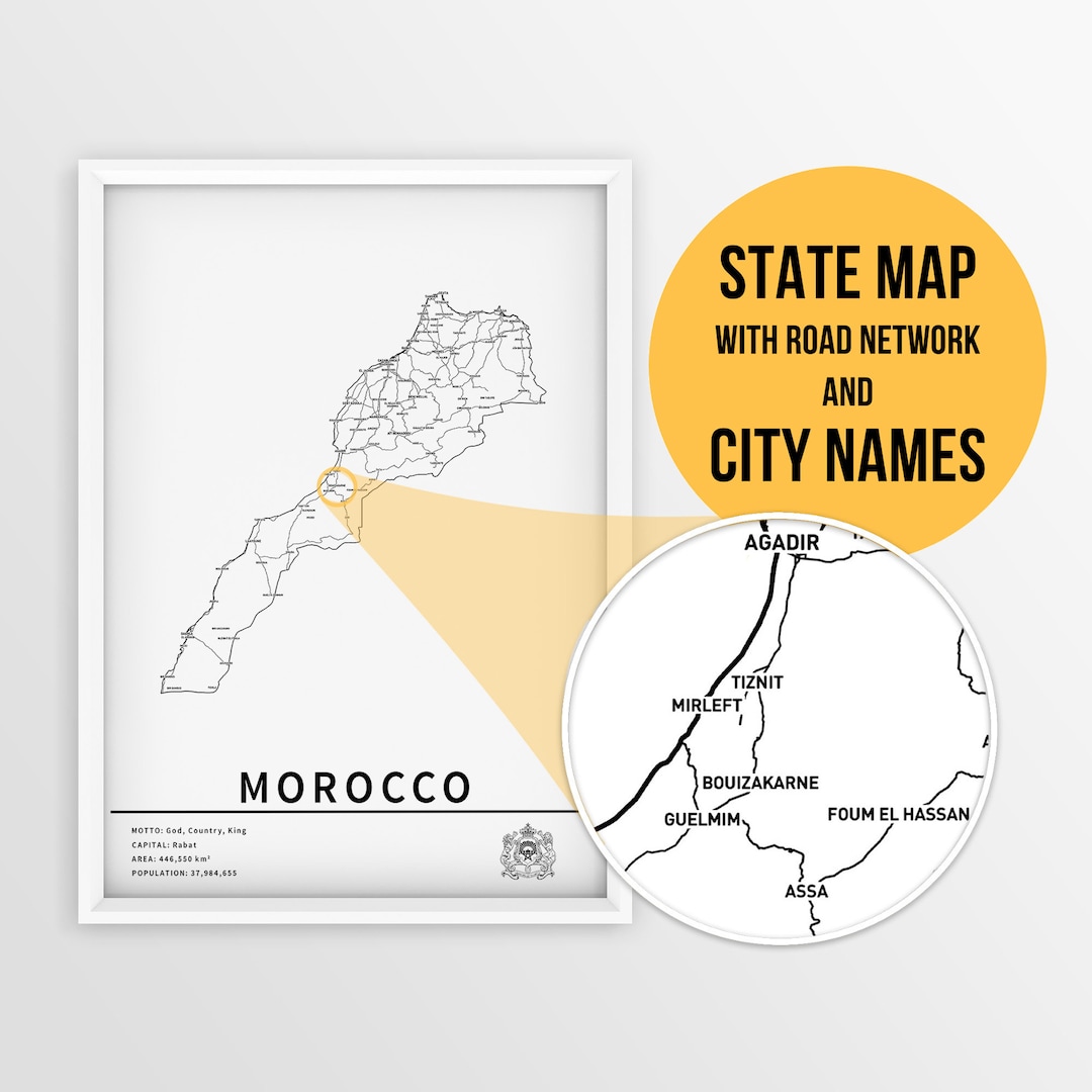 Printable Map of Morocco With City Names and Roads - Instant Download ...