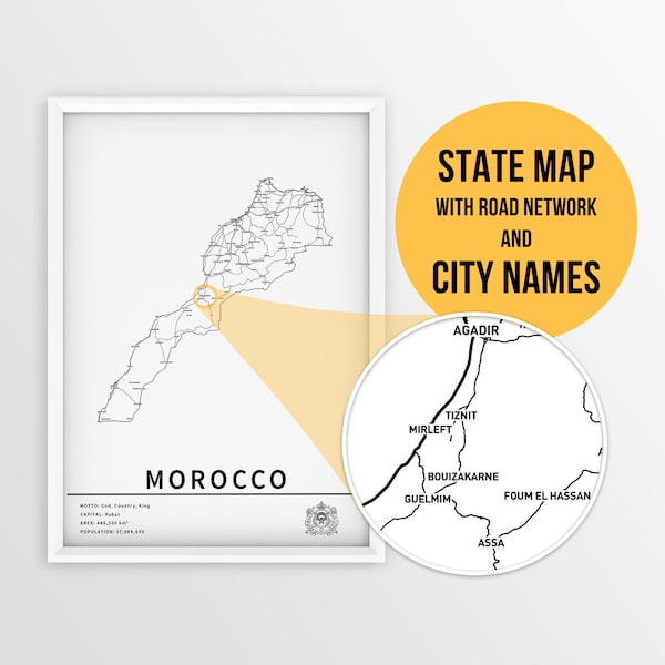 Printable Map of Morocco With City Names and Roads - Etsy