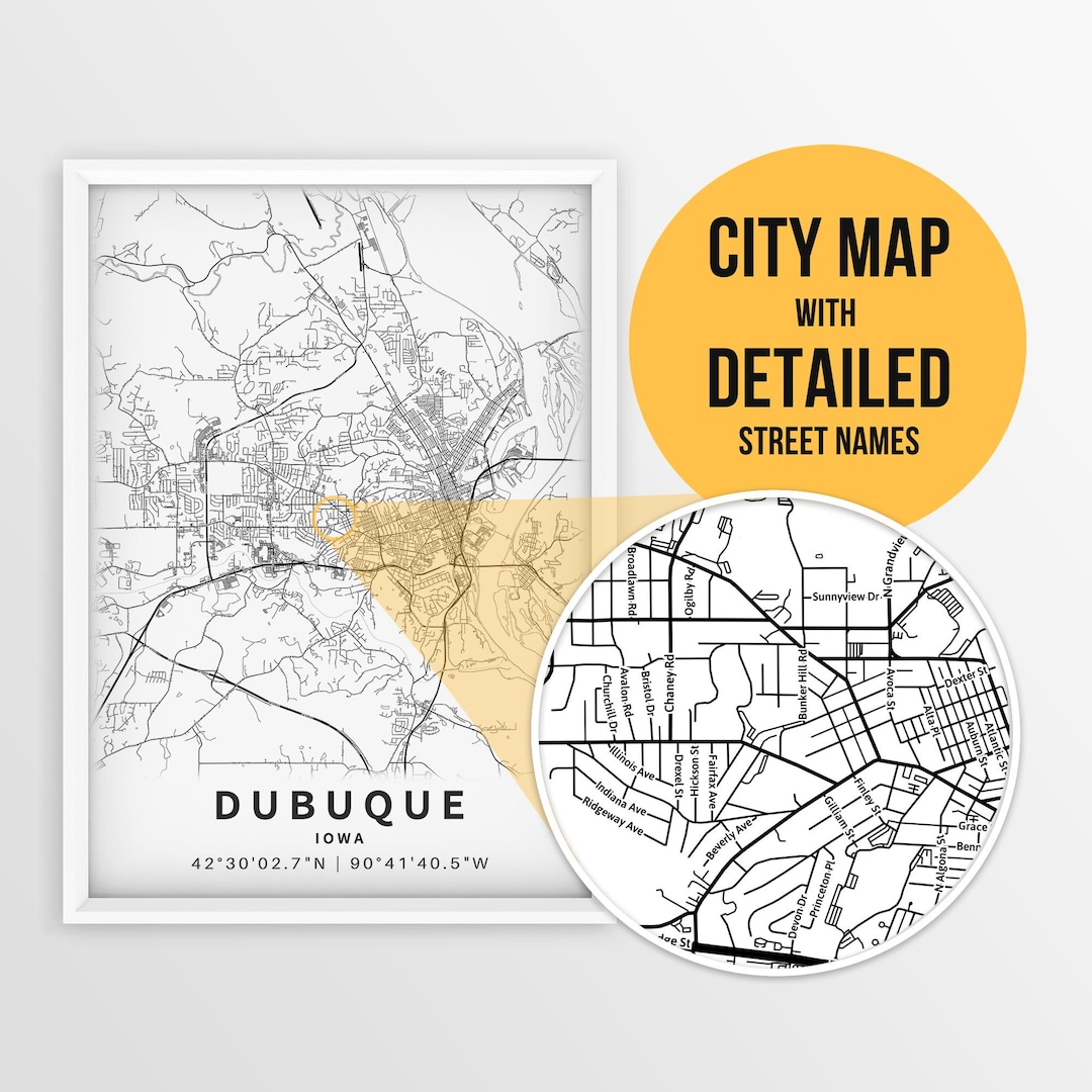 Printable Map of Dubuque, Iowa, USA With Street Names Instant Download ...