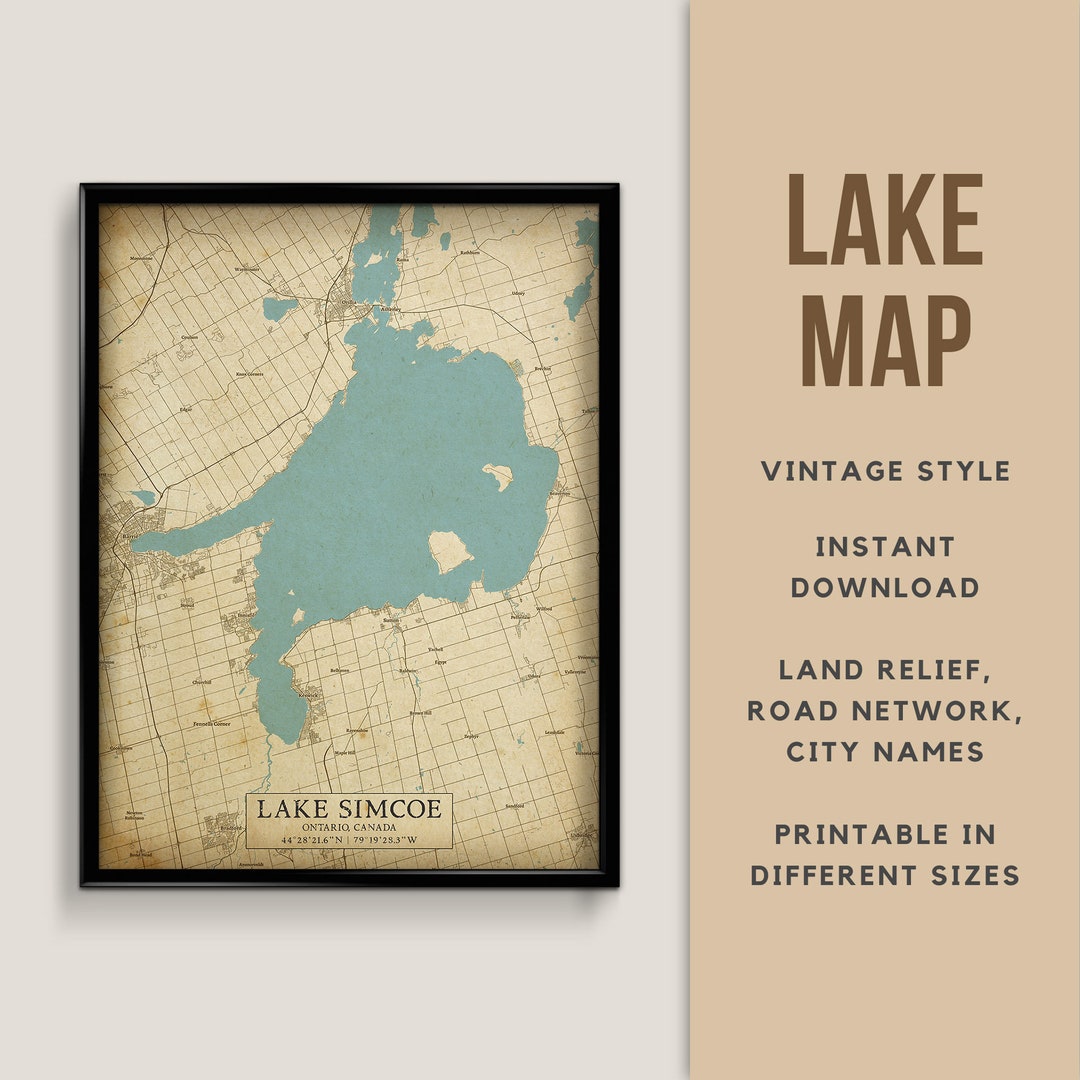 Vintage Style Map of Lake Simcoe, Ontario, Canada With City Names ...