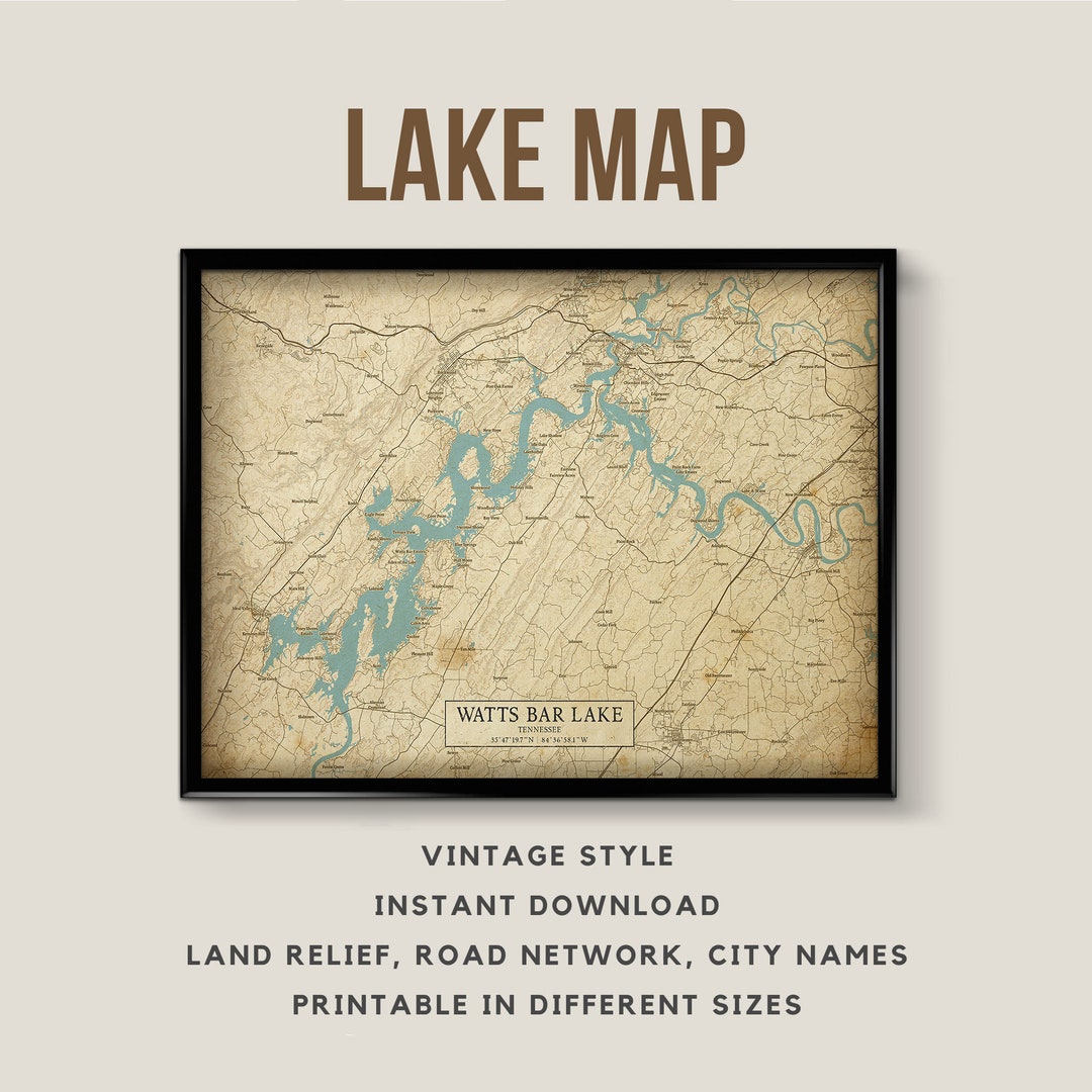 Printable Vintage Style Map Watts Bar Lake, Tennessee With City Names ...