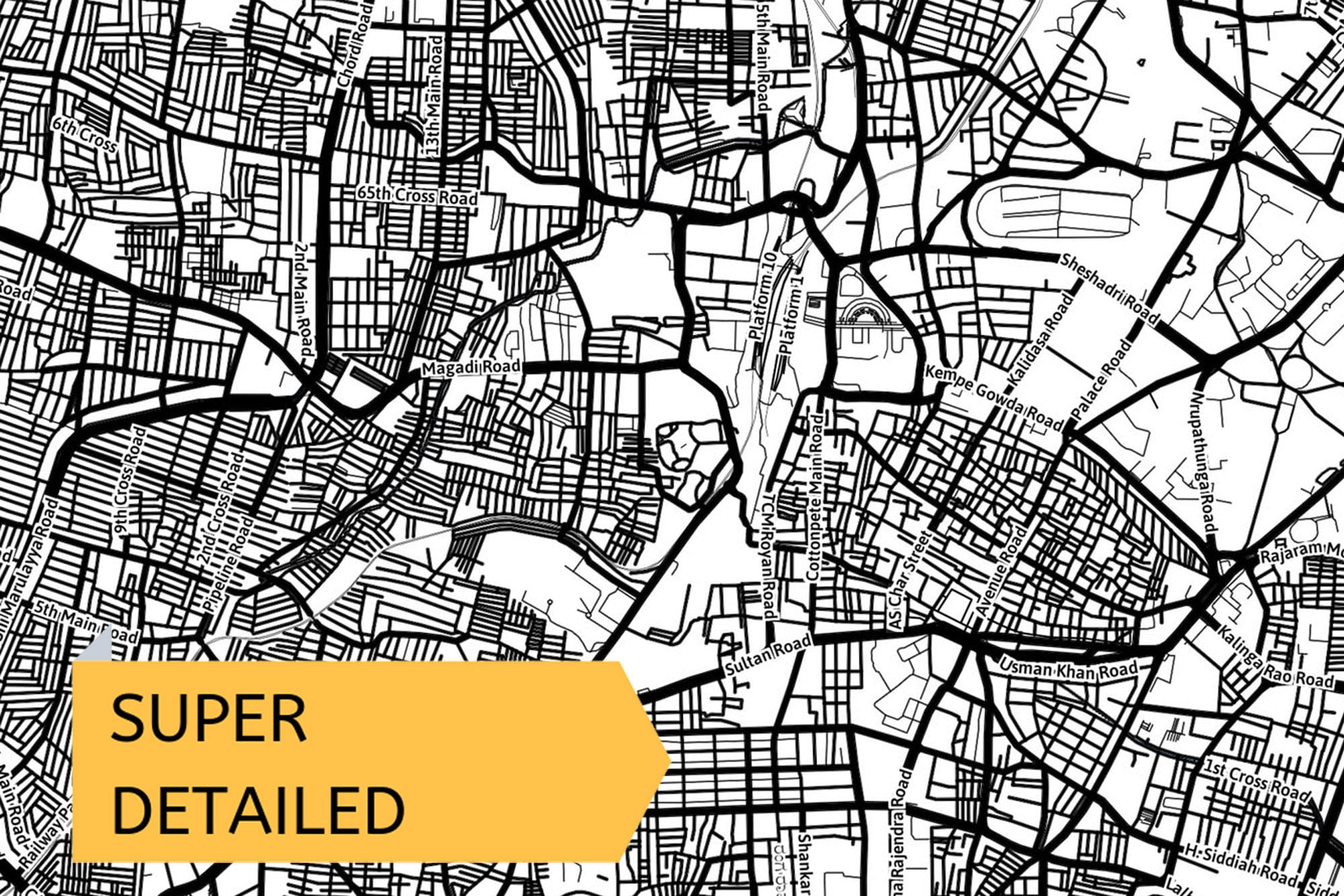 Bangalore India Map With Street Names, Printable Bangalore City Poster ...