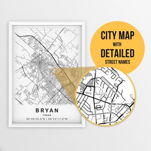 Printable Map of Bryan, Texas, USA With Street Names - Instant Download ...