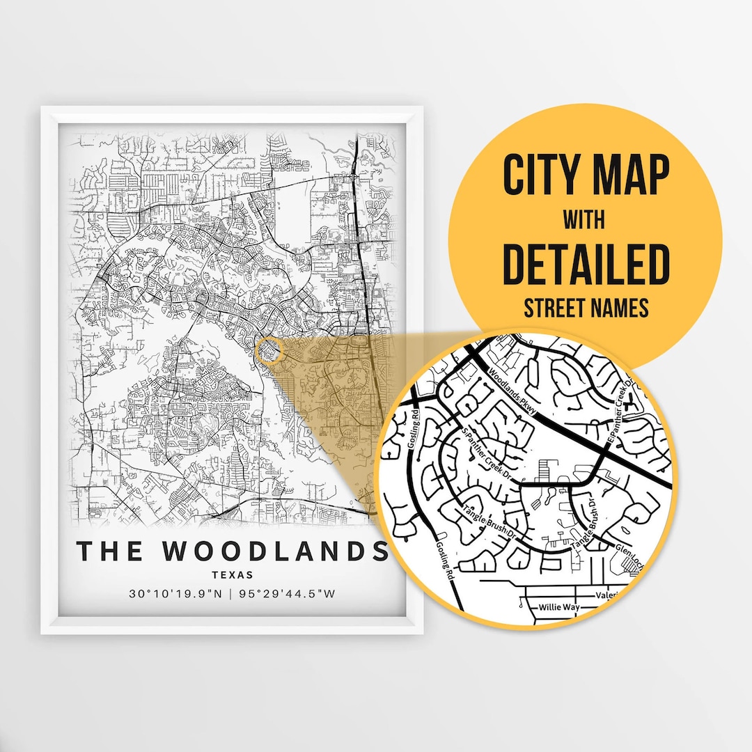 Printable Map of the Woodlands, Texas, USA With Street Names - Instant ...