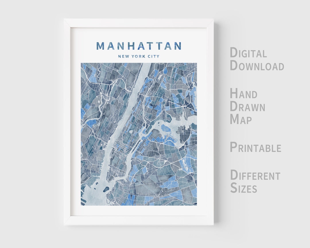 Printable Watercolor Map of Manhattan, New York City, United States ...