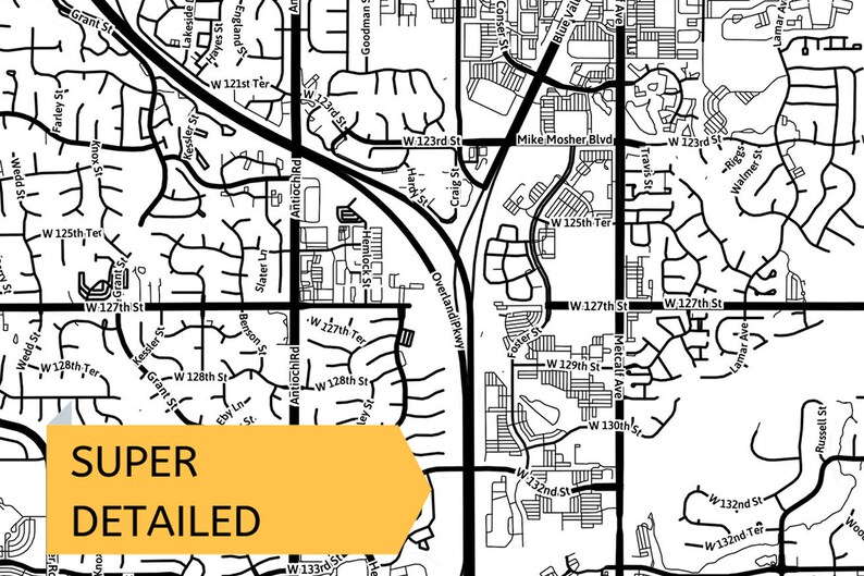 Printable Map of Overland Park, Kansas, USA With Street Names - Instant ...