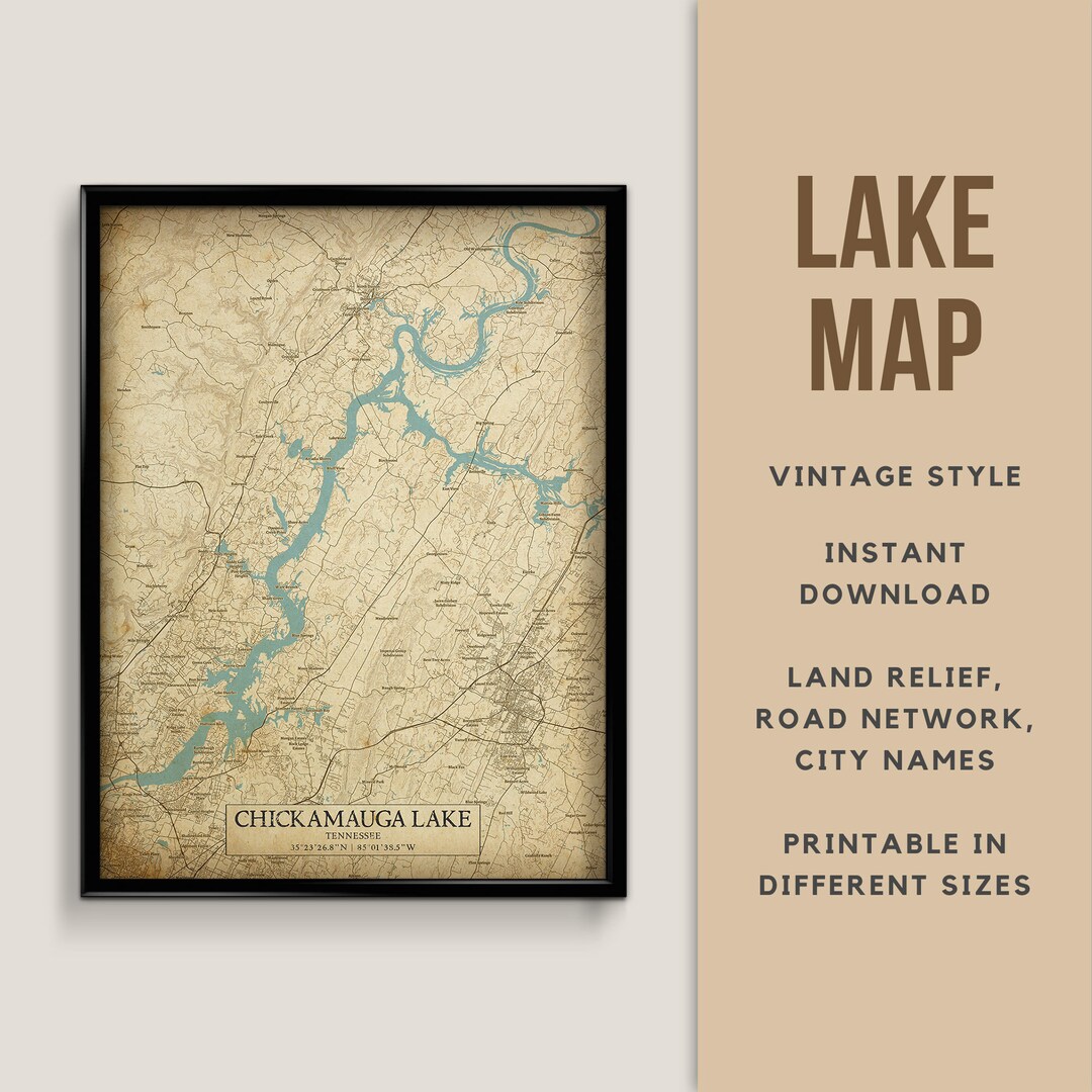 Vintage Style Map of Lake Chickamauga, Tennessee, USA With City Names ...