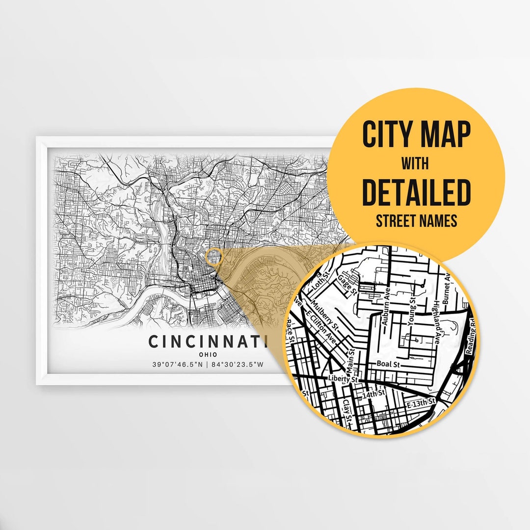 Printable Map Cincinnati, Ohio, USA With Street Names - Instant ...