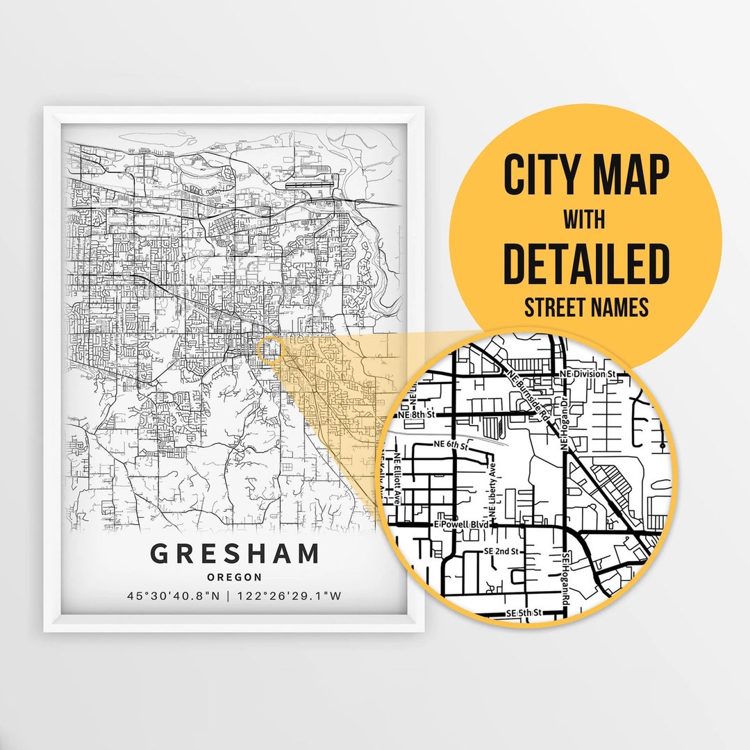 Printable Map Gresham, Oregon, USA With Street Names - Instant Download ...