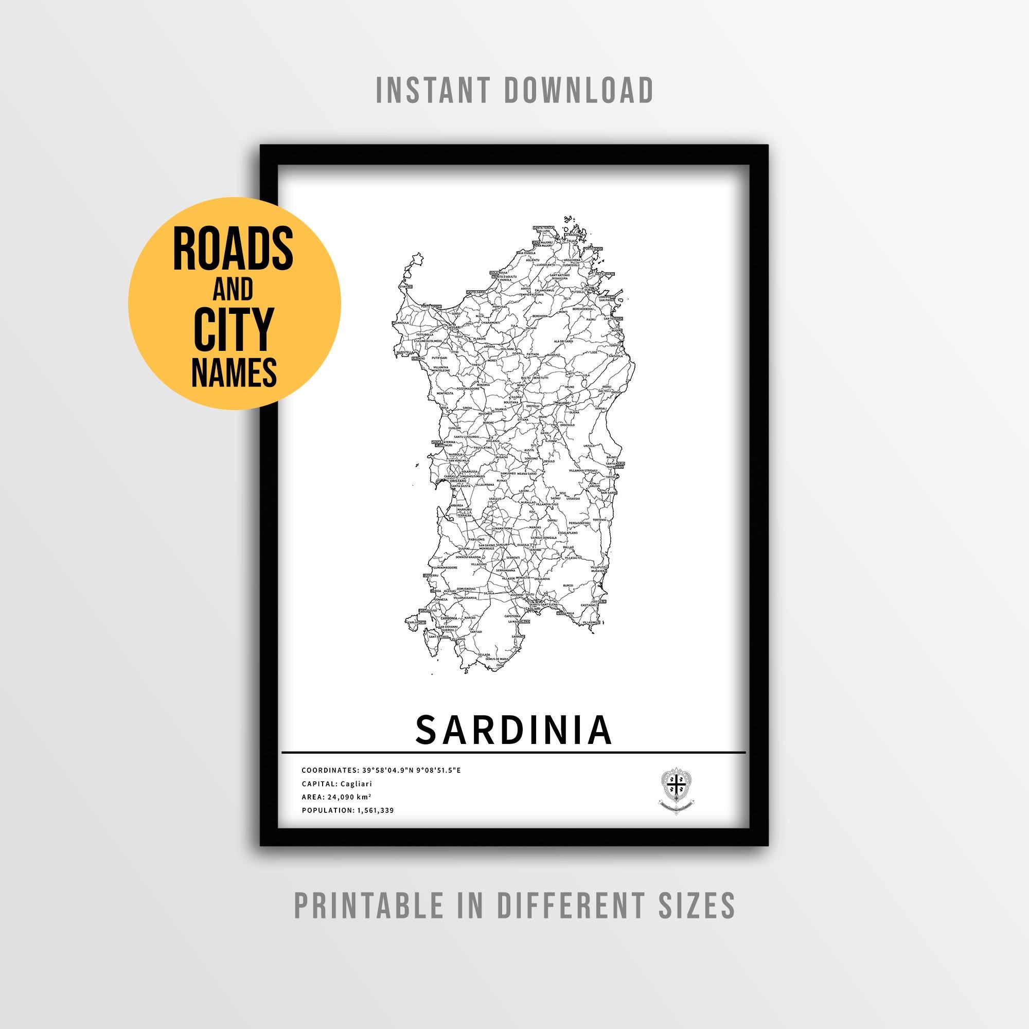 Sardinia Map Poster, Printable Italy Road Map With City Names (instant ...