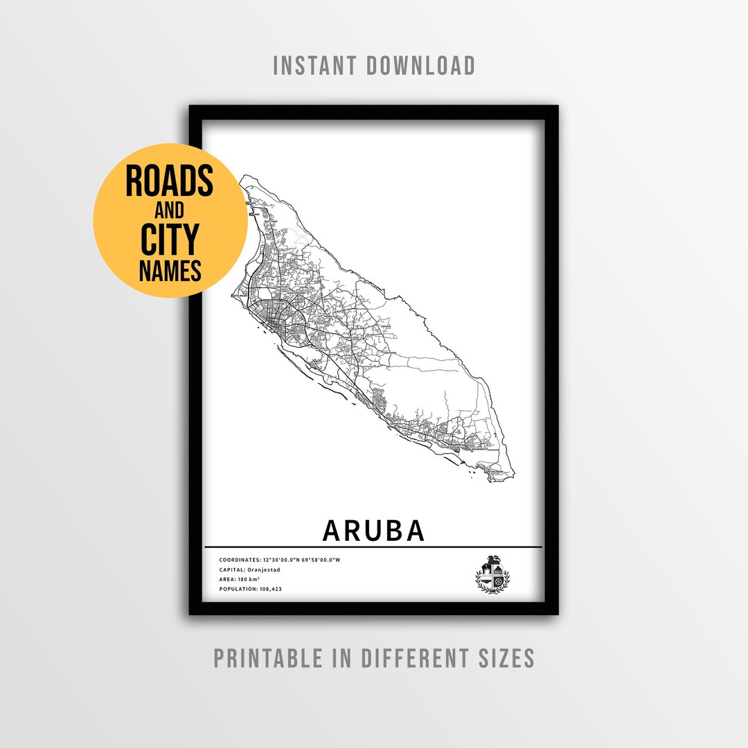 Aruba Map Poster, Printable Caribbean Road Map With City Names (instant ...