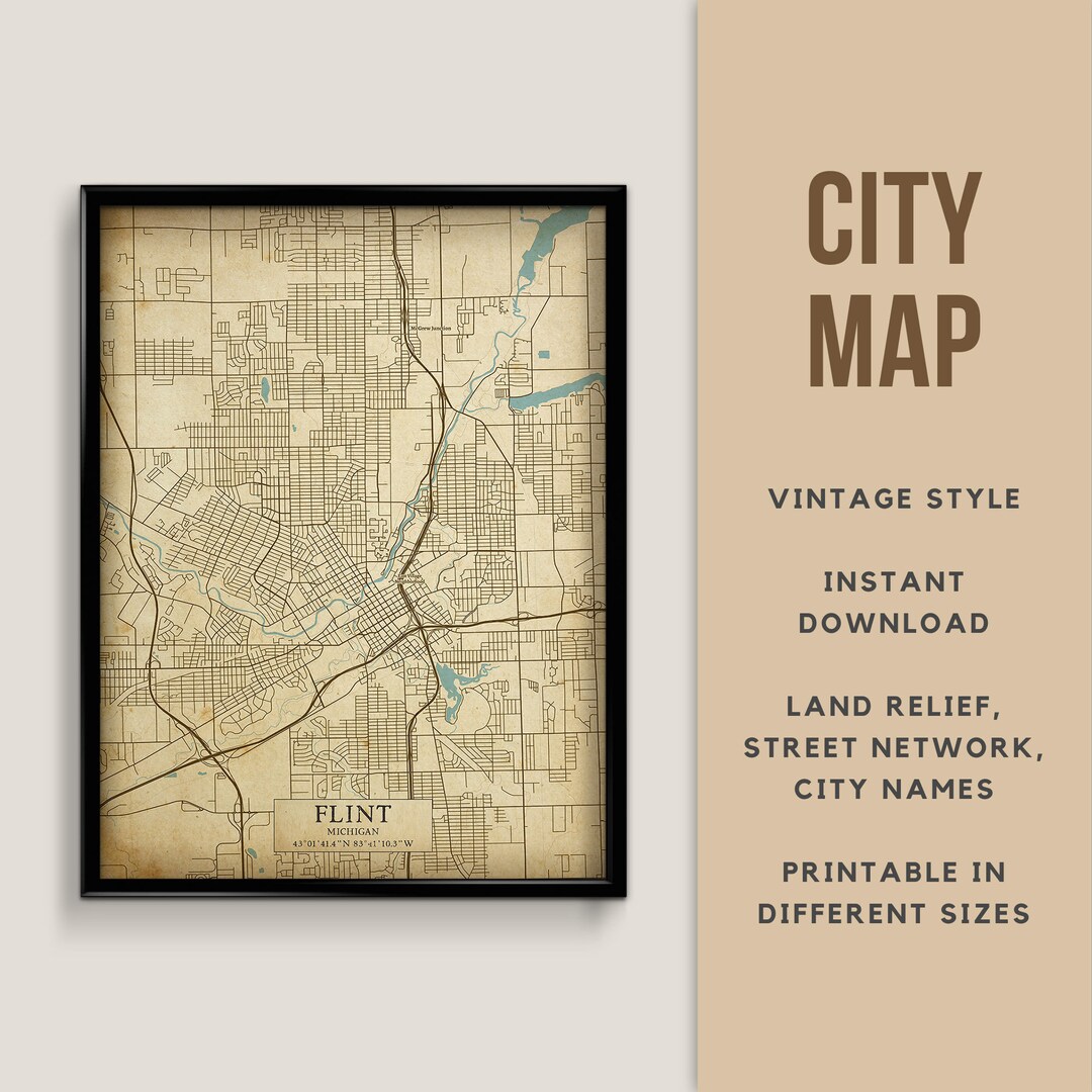 Printable Vintage Style Map of Flint, Michigan, USA - Instant Download ...
