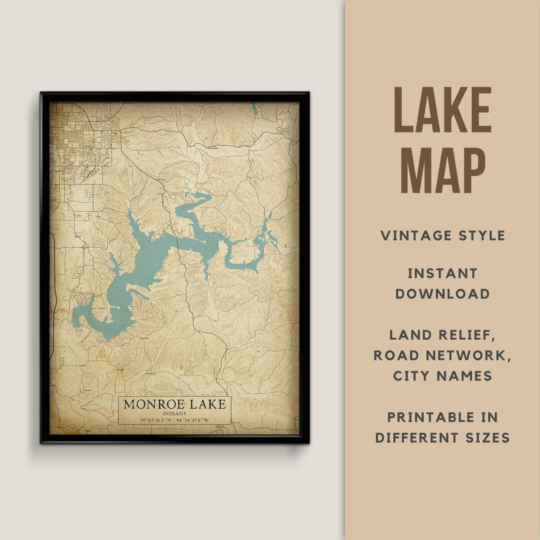 Printable Vintage Style Map of Lake Monroe, Indiana, USA With City ...