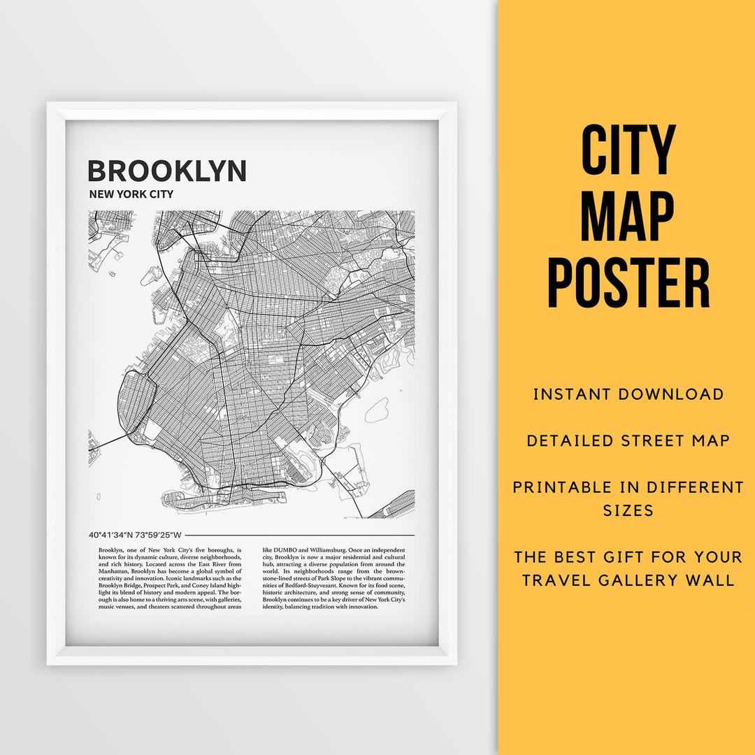Brooklyn, New York City, USA Printable Map Poster - Instant Download ...
