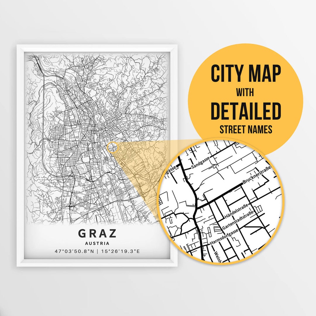 Printable Poster Map of Graz, Austria With Street Names - Instant ...
