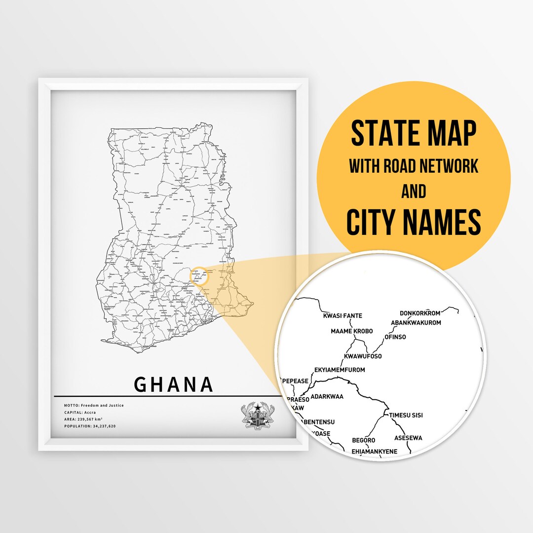 Printable Map of Ghana With City Names and Roads - Instant Download ...