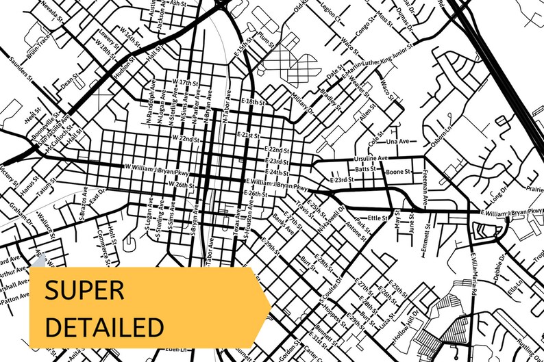 Printable Map of Bryan, Texas, USA With Street Names - Instant Download ...