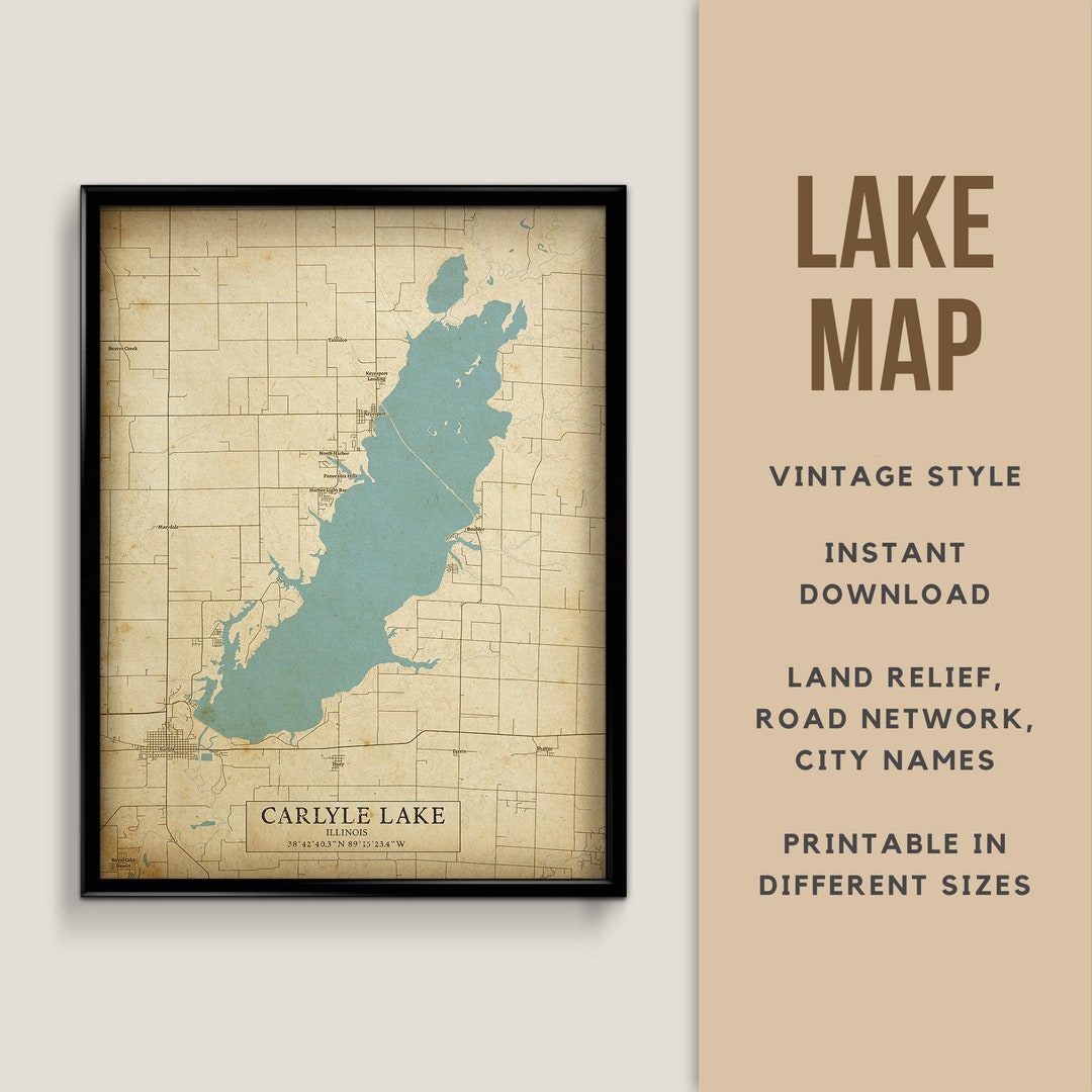 Vintage Style Map of Carlyle Lakes, Illinois, USA With City Names ...