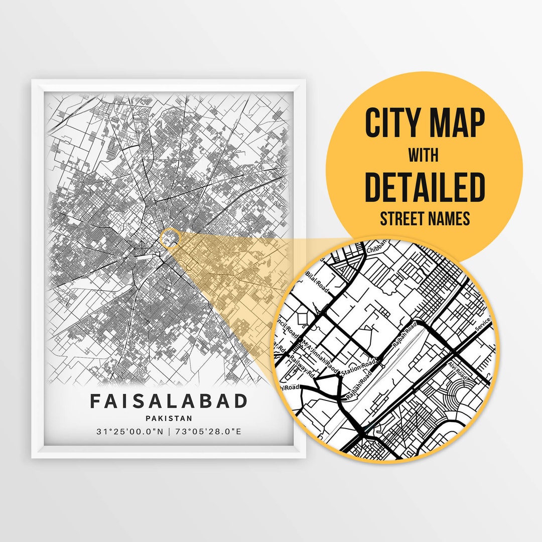 Printable Map of Faisalabad, Pakistan With Street Names - Instant ...