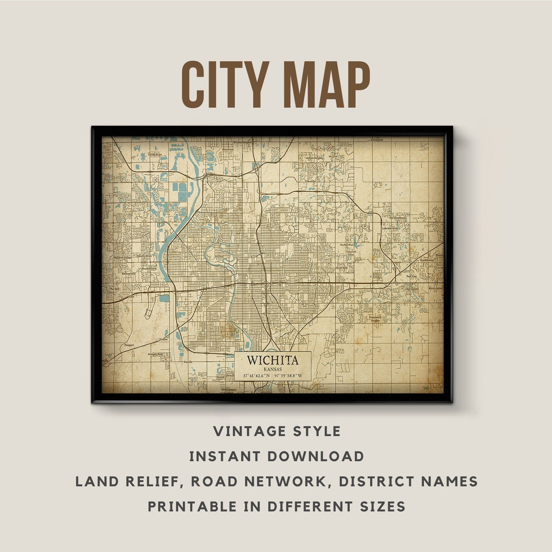 Printable Vintage Style Map of Wichita, Kansas, USA - Instant Download ...