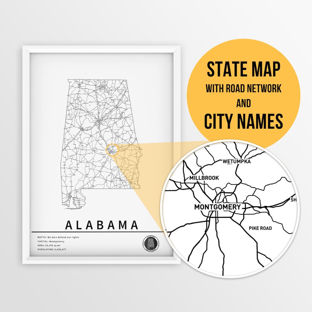 Printable Map of Alabama, USA With City Names Instant Download State ...