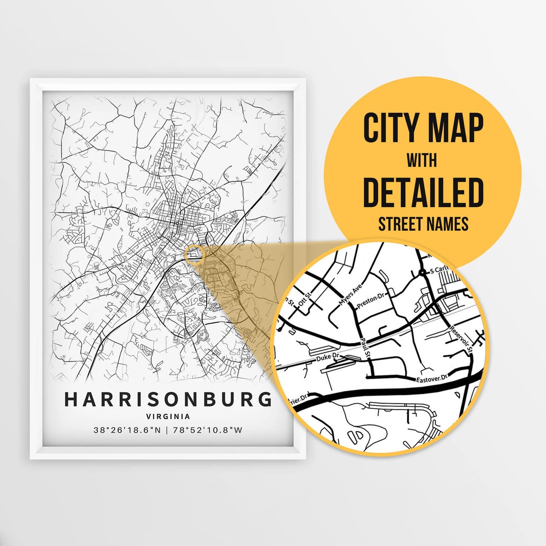 Printable Map of Harrisonburg, Virginia, USA With Street Names ...