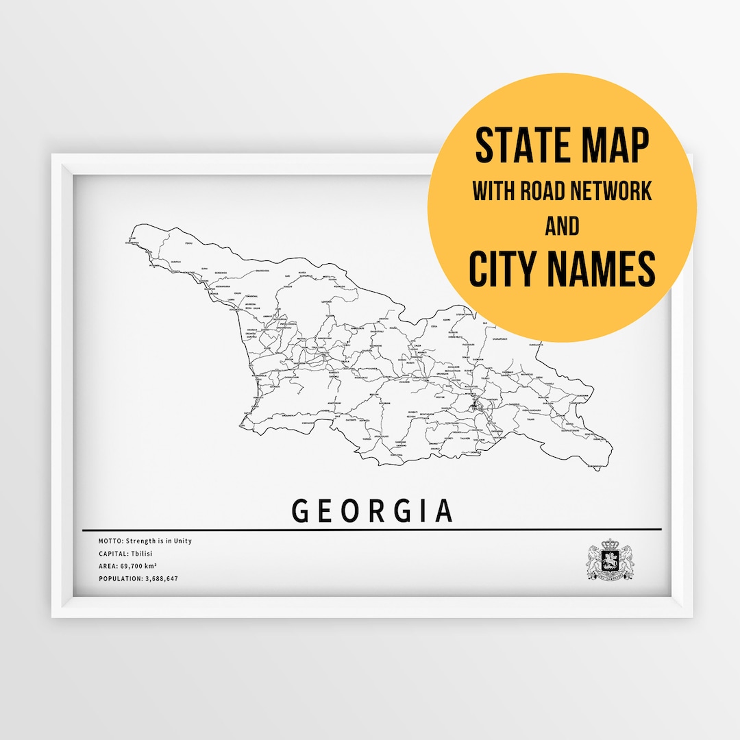 Printable Map of Georgia With City Names and Roads - Instant Download ...