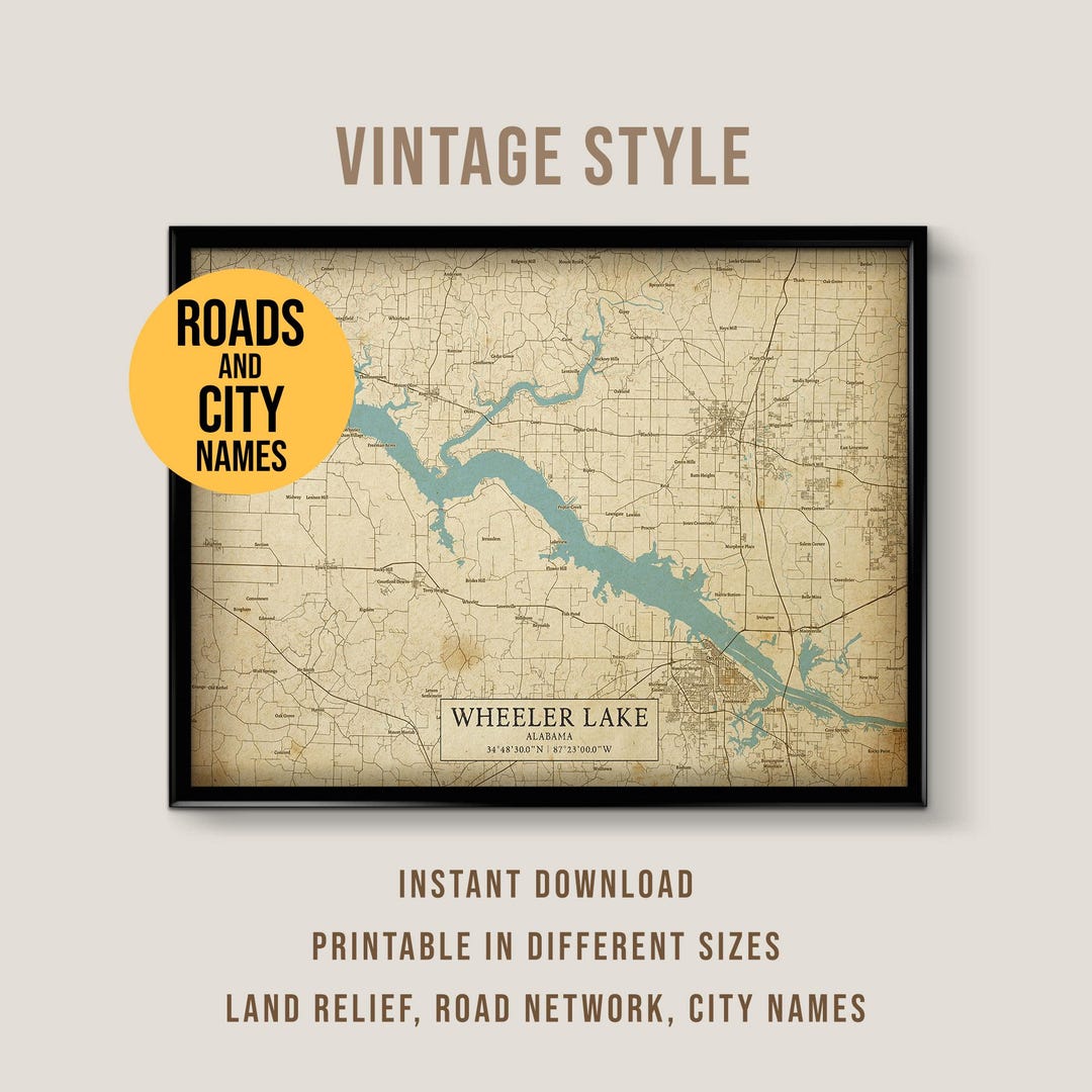 Wheeler Lake Vintage Style Map, Printable Alabama Lake House Poster ...