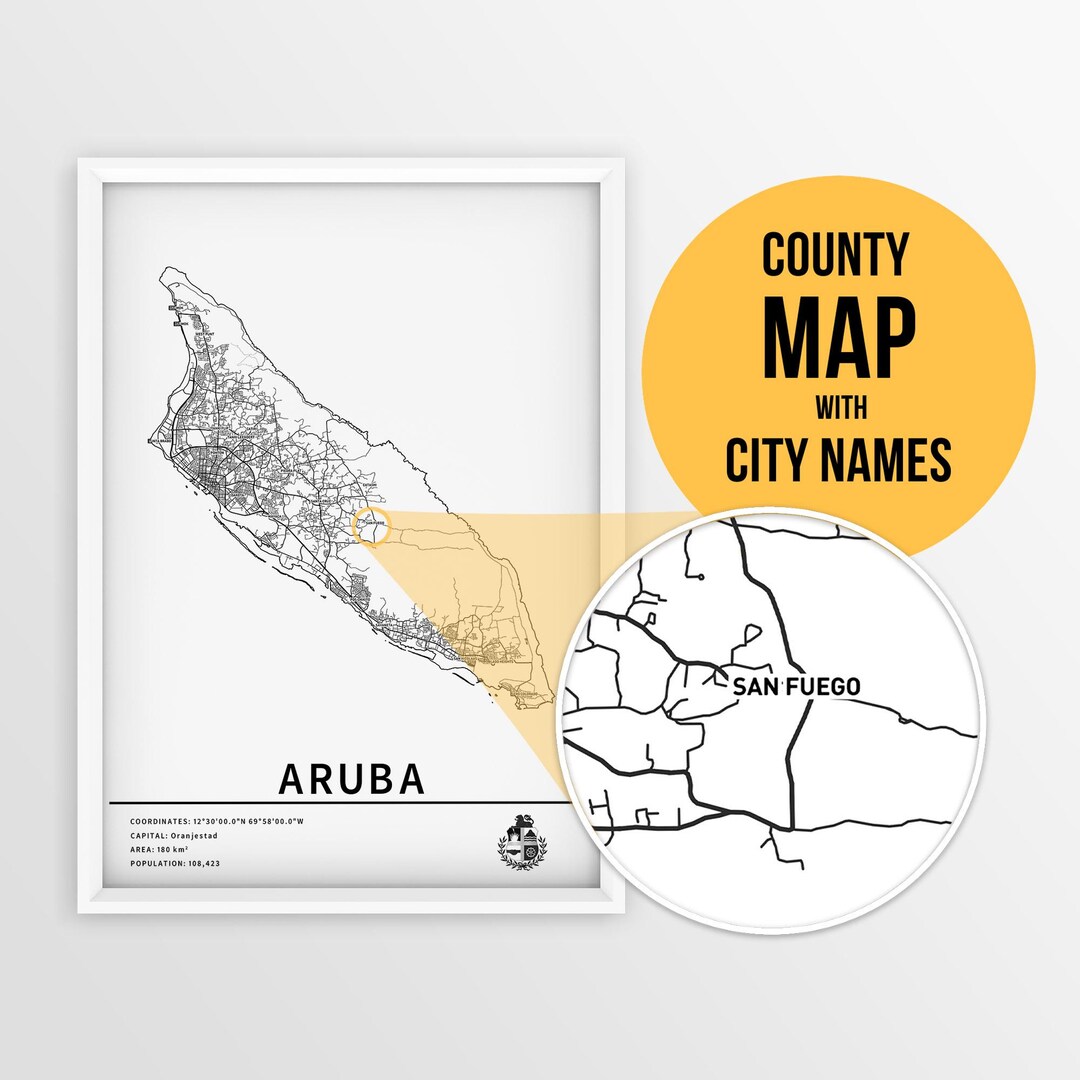 Aruba Map Poster, Printable Caribbean Road Map With City Names (instant ...