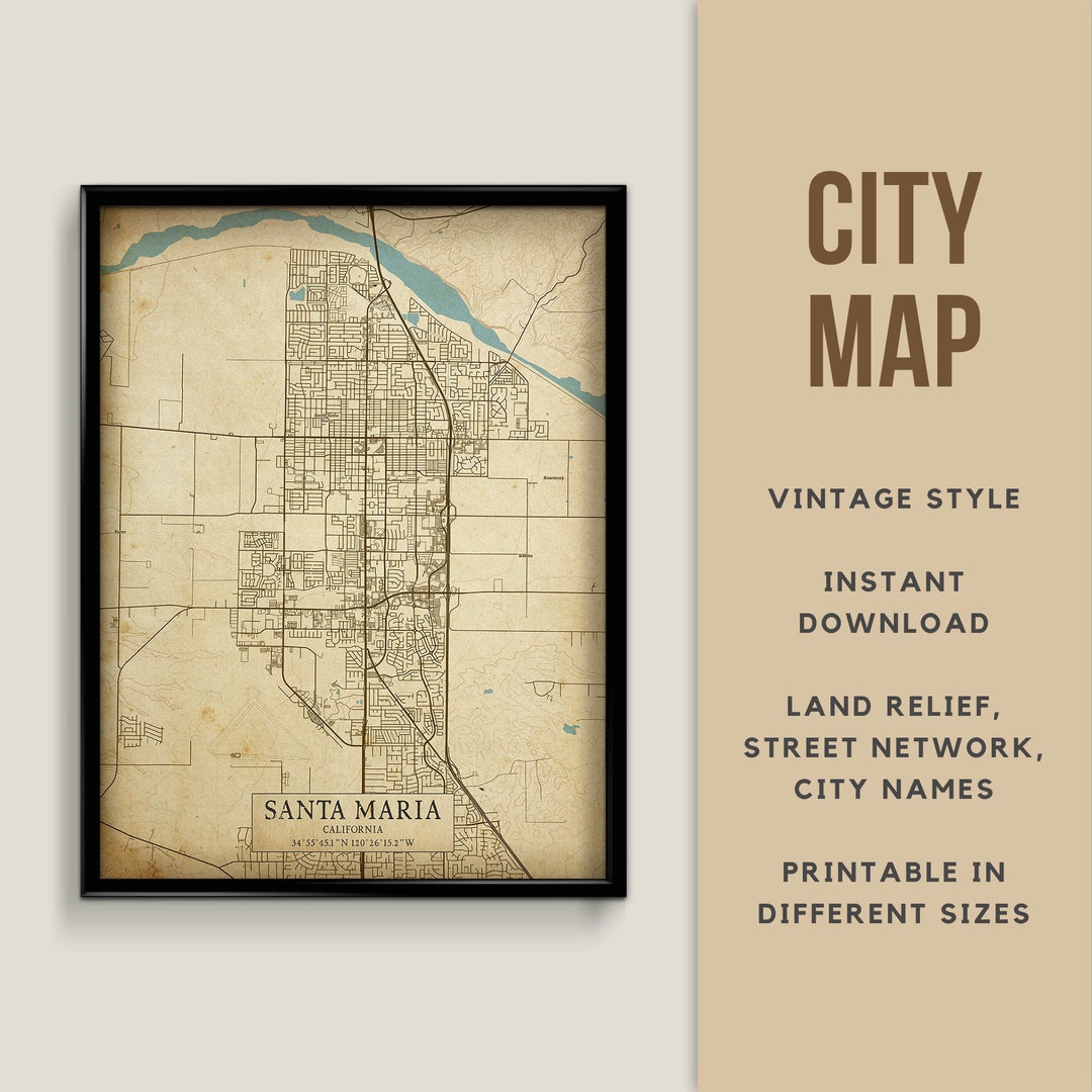 Printable Vintage Style Map of Santa Maria, California, USA - Instant ...