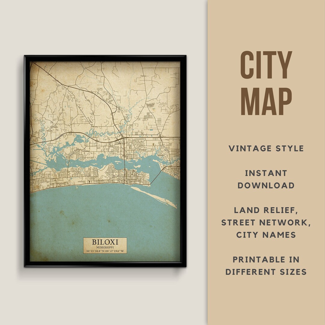 Mapa de estilo vintage imprimible de Biloxi, Mississippi Descarga ...