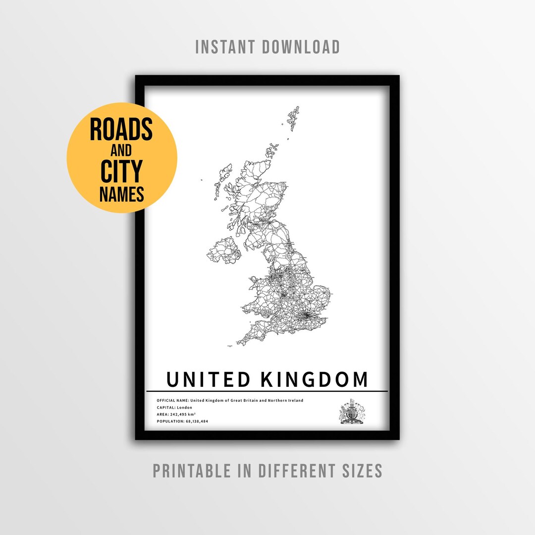 United Kingdom Map Poster, Printable UK Road Map With City Names ...