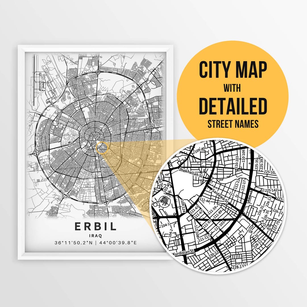 Printable Map of Erbil, Iraq With Street Names - Instant Download ...