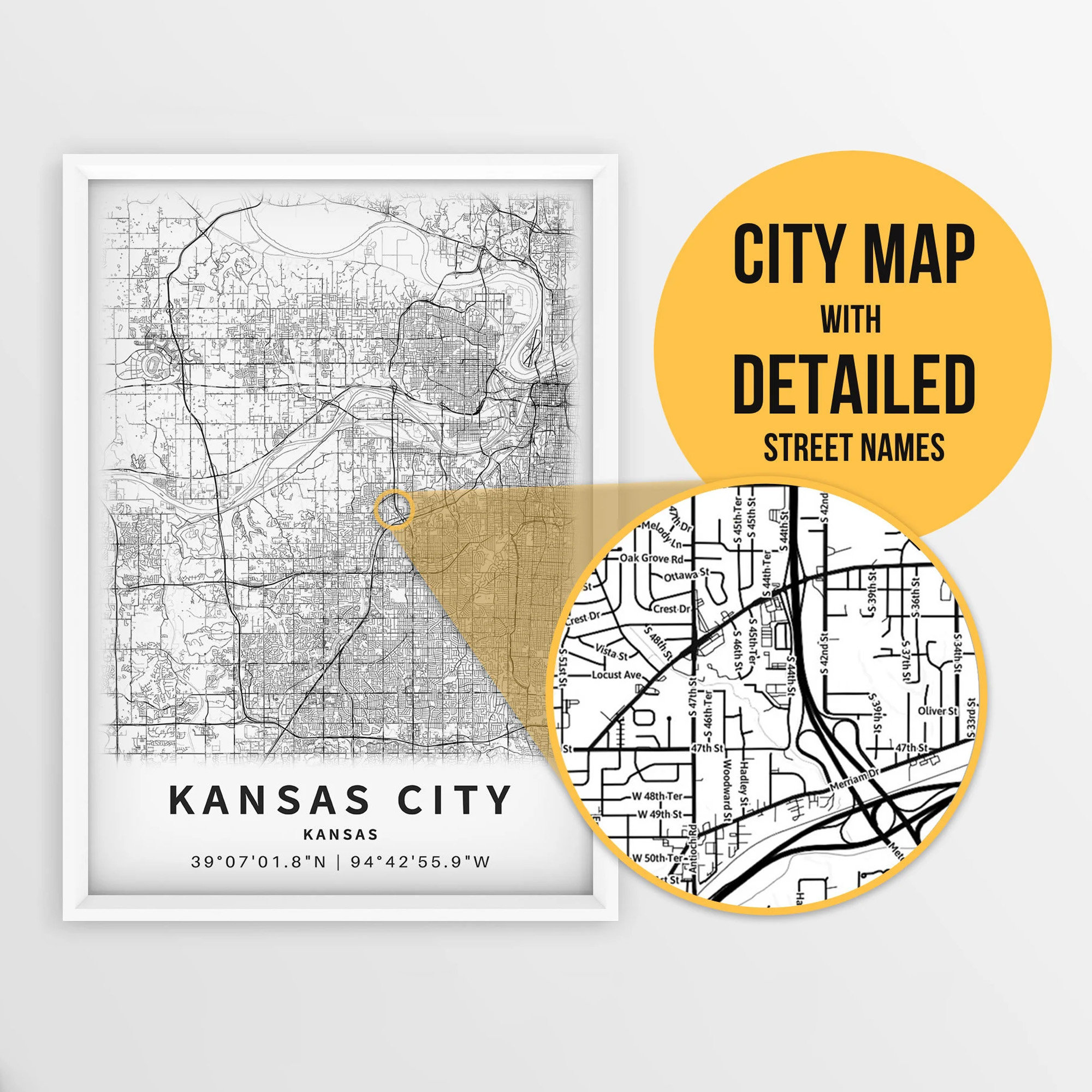 Printable Map of Kansas City, Kansas, USA With Street Names - Instant ...