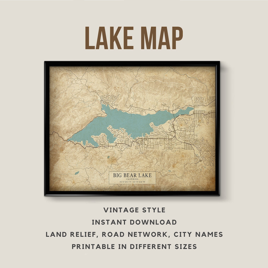 Vintage Style Map of Big Bear Lake, California, USA With City Names ...