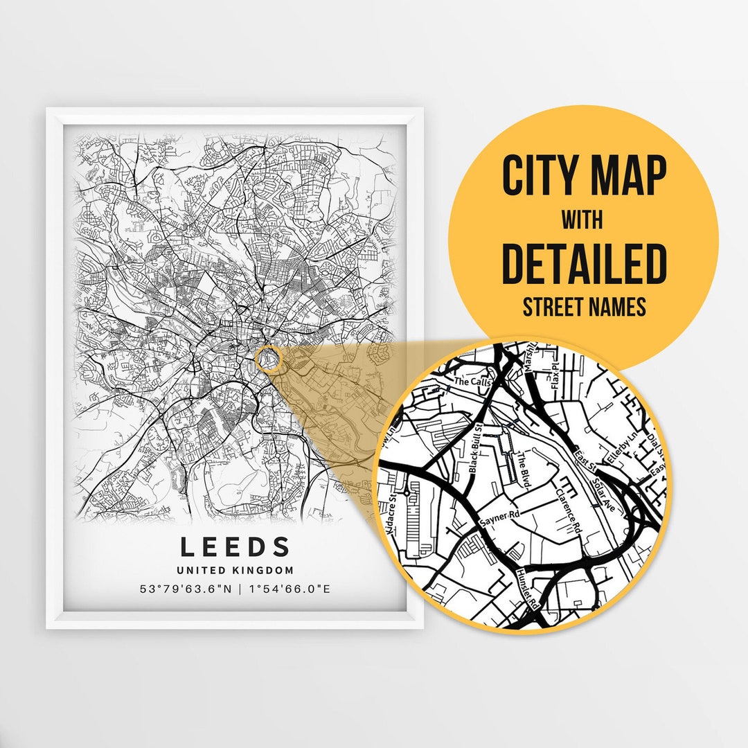 Printable Map of Leeds, England, United Kingdom With Street Names ...