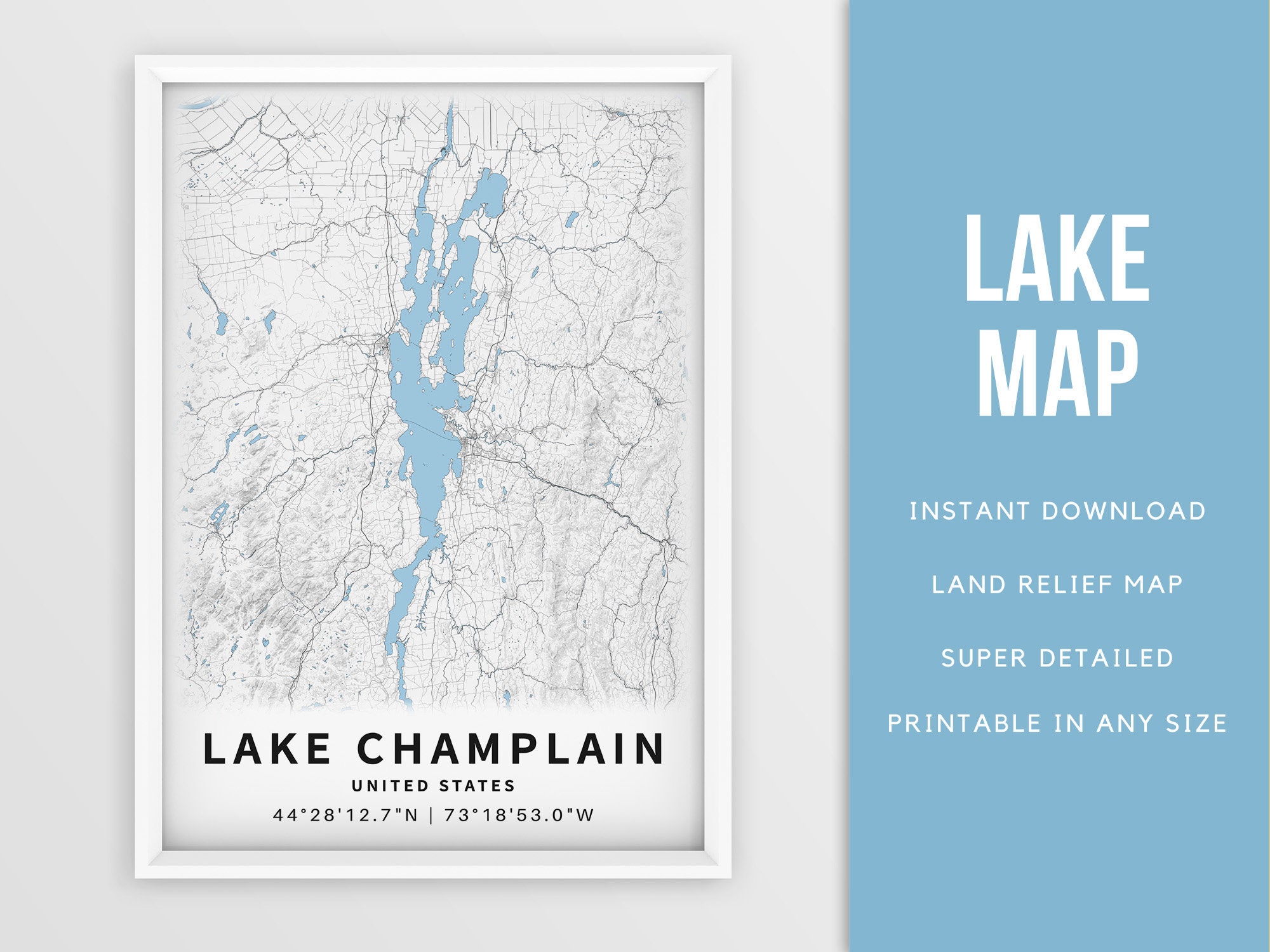 Printable Map of Lake Champlain Vermont United States | Etsy