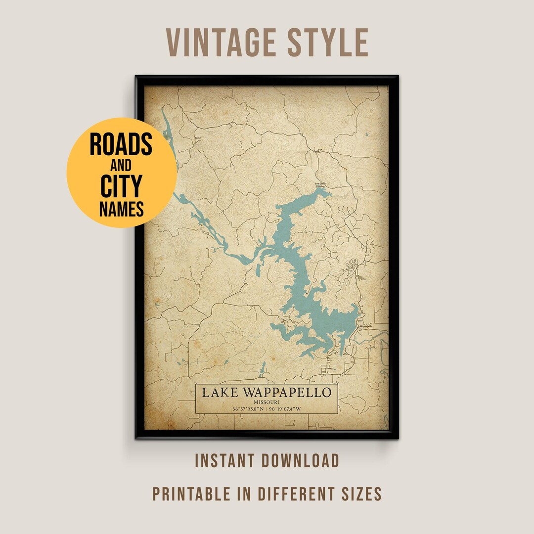 Lake Wappapello Vintage Style Map, Printable Missouri Lake Poster ...