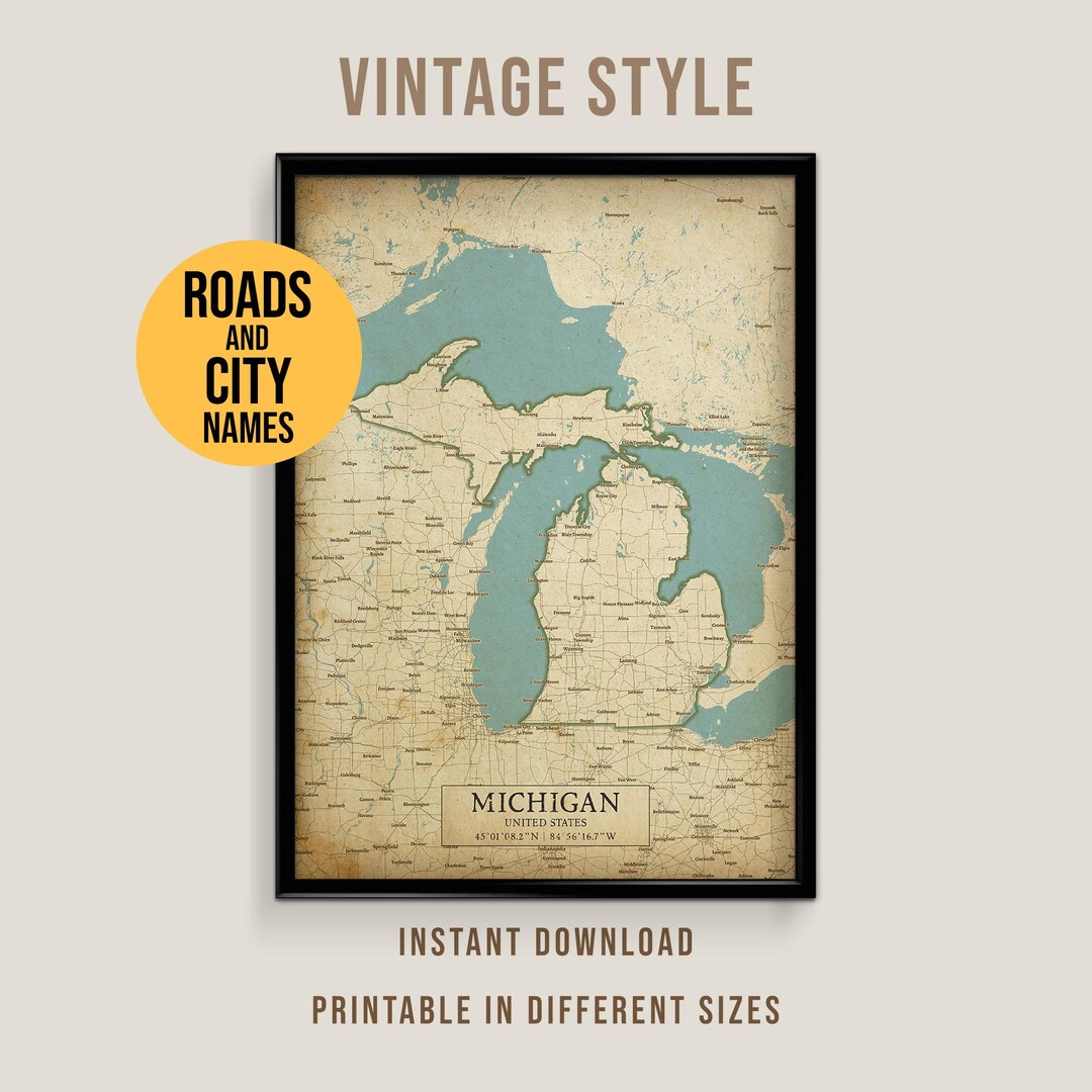 Michigan Vintage Style Map With Roads and City Names, Printable ...