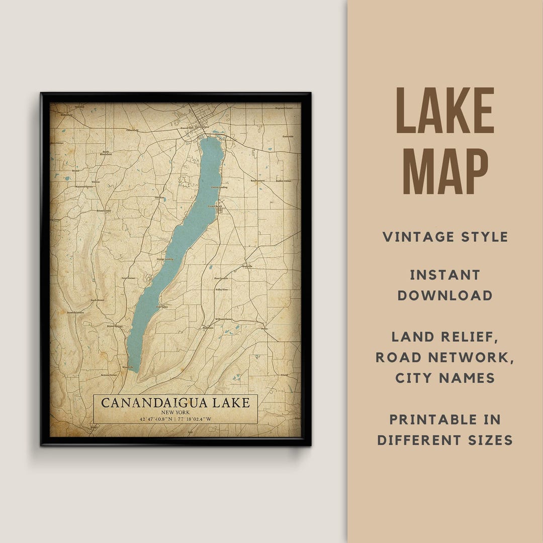 Vintage Style Map of Canandaigua Lake, New York, USA With City Names ...