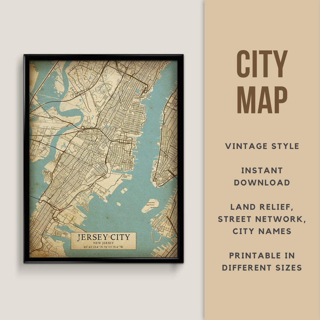 Buy Printable Vintage Style Map of Jersey City, New Jersey, USA Instant ...