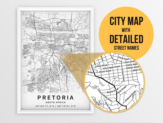Mapa imprimible de Pretoria Sudáfrica con nombres de calles - Etsy España