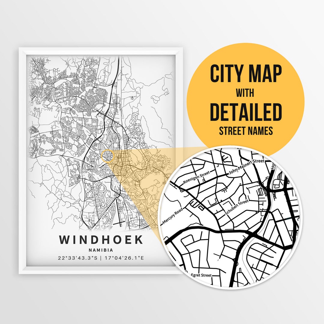 Printable Map of Windhoek, Namibia With Street Names - Instant Download ...